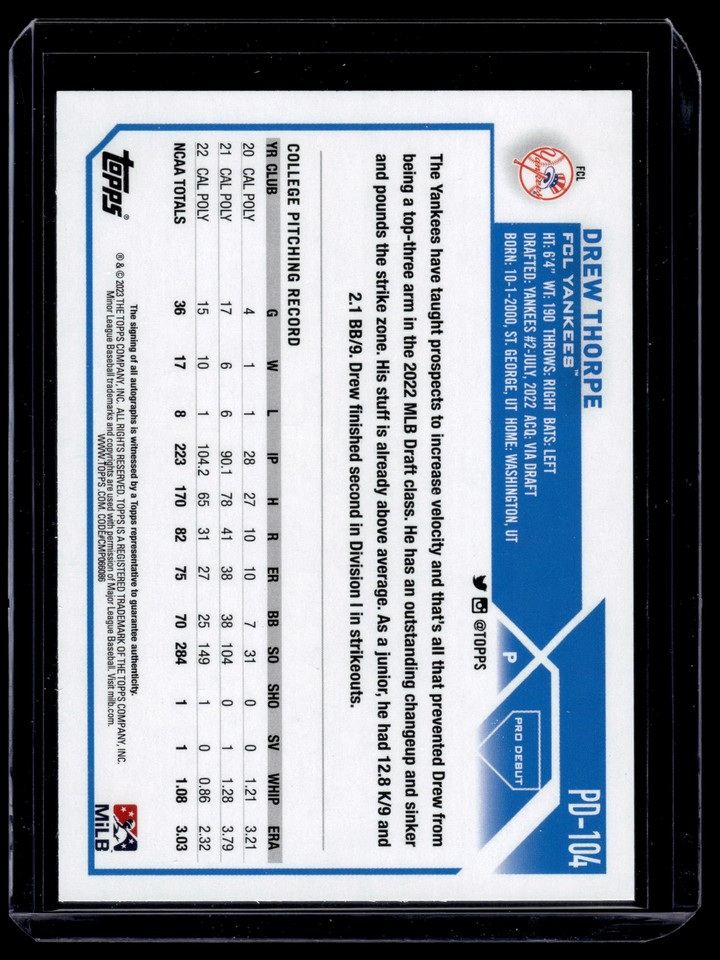 Drew Thorpe 2023 Topps Pro Debut Autograph Auto Card #PD-104 | eBay