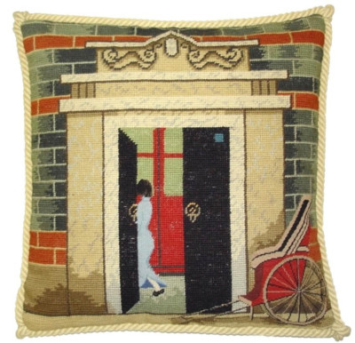 17" x 17" Handmade Wool Needlepoint Cart Shanghai Shikumen Pillow with ...