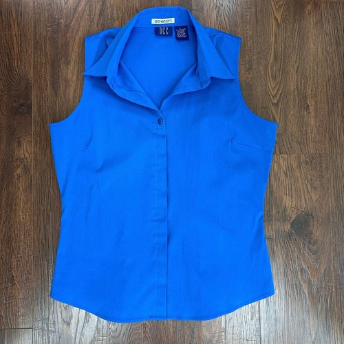 DCC Stretch Blue Tank Top Button Up Collared Sleeveless WMNS L Office ...