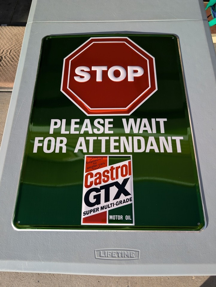 Vintage 1987 Castrol STOP please wait for attendant SIGN NOS ORIGINAL ...