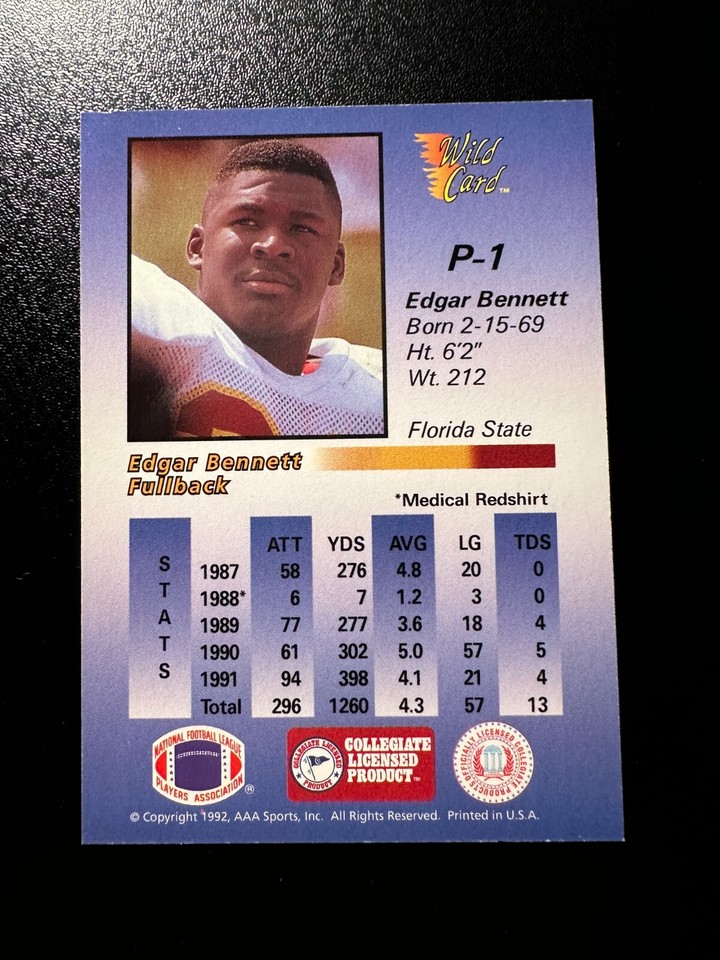 1992 Wild Card Draft Redemption Rookie Edgar Bennett # P-1. Packers ...