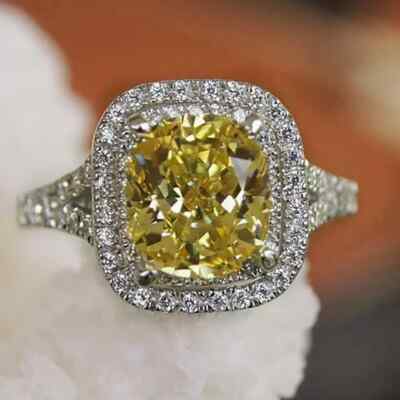 3Ct Cushion Lab Created Yellow Diamond Halo Engagement Ring 14kWhite ...