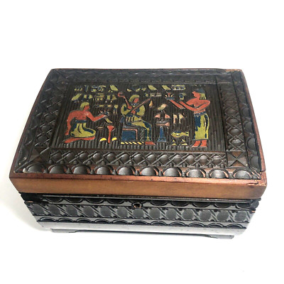Japanese Vintage Jewelry Box Egyptian Motif Handmade Carved 8.5 x 5 x 6 ...