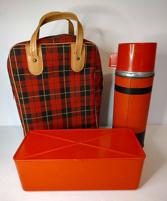 Vtg Aladdin Red Plaid Lunch Box Picnic Set W/ One 1 Qt Thermos ...