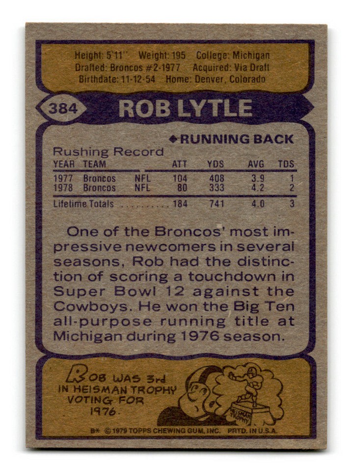 1979 Topps Rob Lytle #384 Denver Broncos | eBay