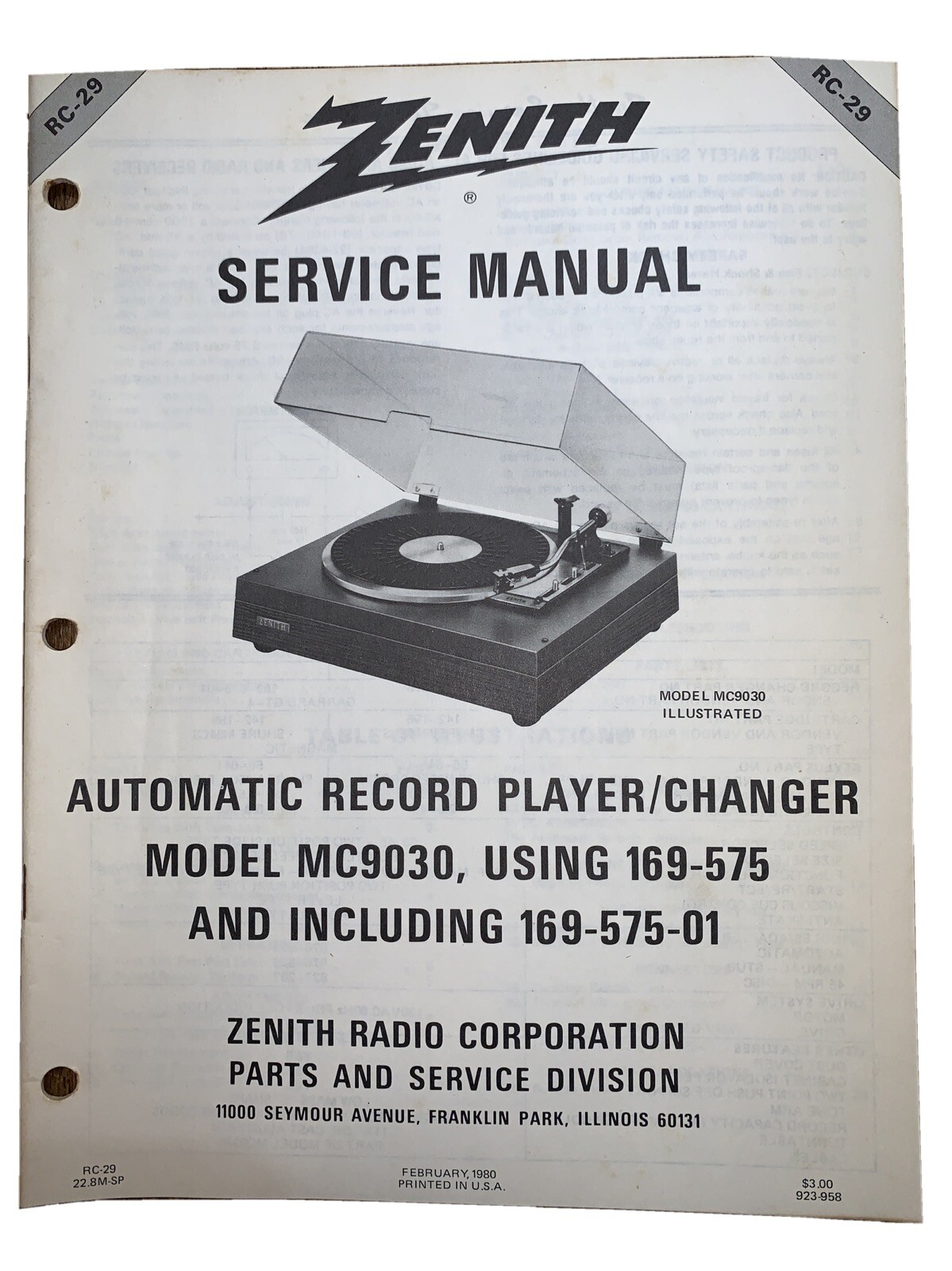 Zenith Service Manual RC-29 Record Changers 169-575, 575-01, Mc9030 | eBay