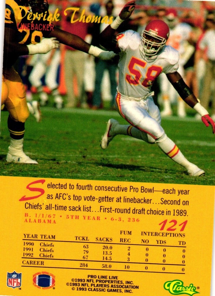Derrick Thomas Kansas City Chiefs #121 Classic Pro Line Live 1993 NFL ...