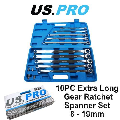 US PRO 10pc Extra Long Double Ring Single Gear Ratchet Spanner Wrench ...