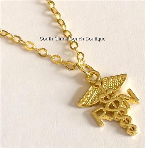 Gold RN Nurse Caduceus Necklace Plated Pendant Nursing Gift Graduation ...