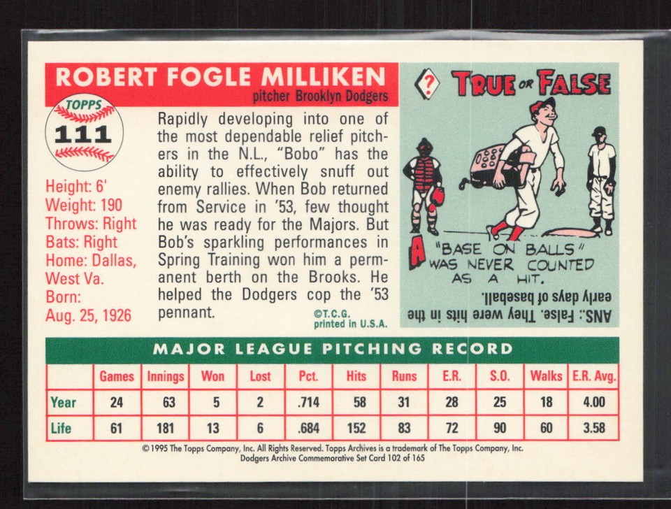 1995 Topps Archives #111 Bob Milliken | eBay