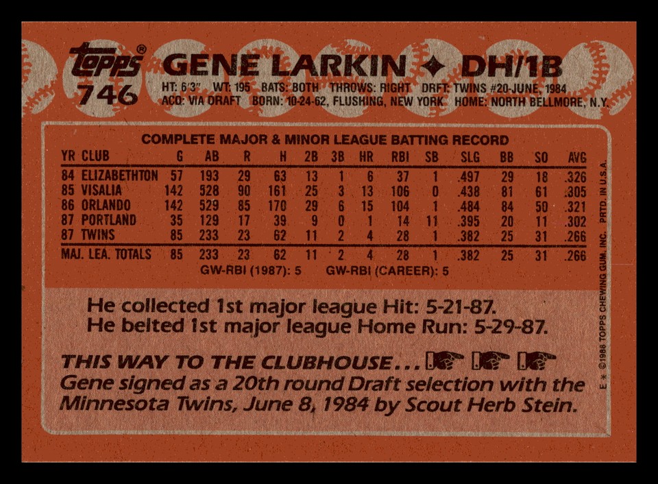 1988 Topps Gene Larkin RC Rookie Minnesota Twins #746 Centered Mint. | eBay