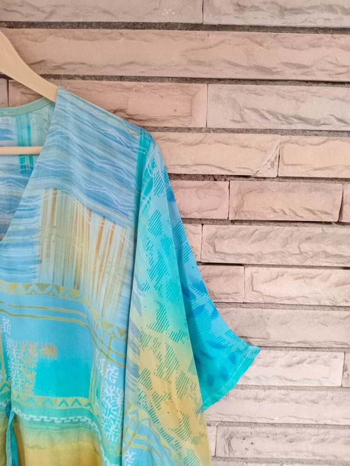 Crepe Dress Tunic Kaftan Midi Caftan Woman Cover Up Printed Blue ...