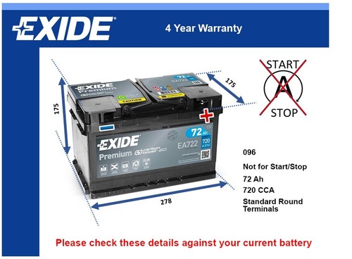 Car Battery EA722 Exide 096 720A 72Ah 4Yr Warranty 278x175x175 Premium ...