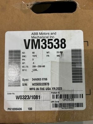 VM3538, Baldor, 1/2 Hp, 1720 Rpm, 208-230/460V,34A063R706, 3 Ph-NEW IN ...