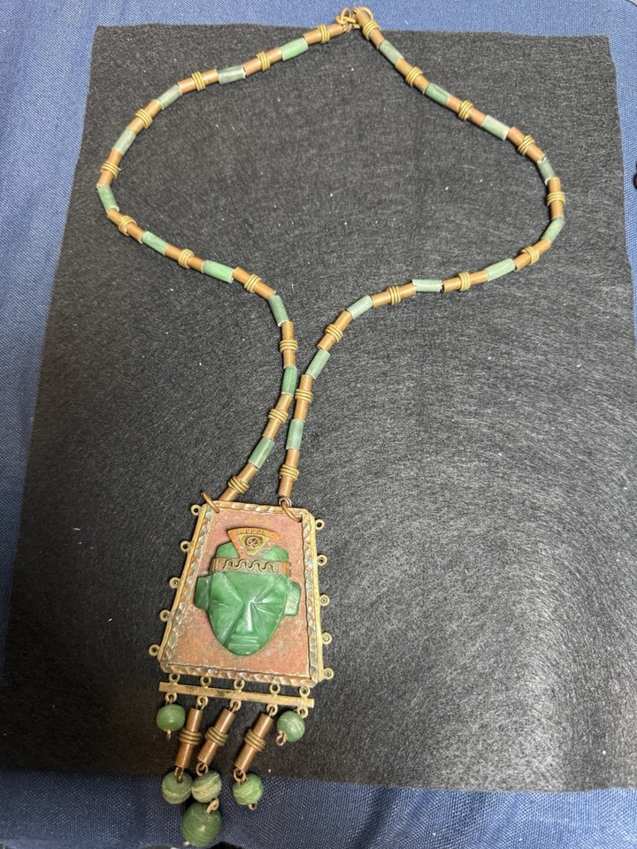 Vintage CASA MAYA Mexico Jade Mayan Aztec Tribal Head Necklace Copper ...