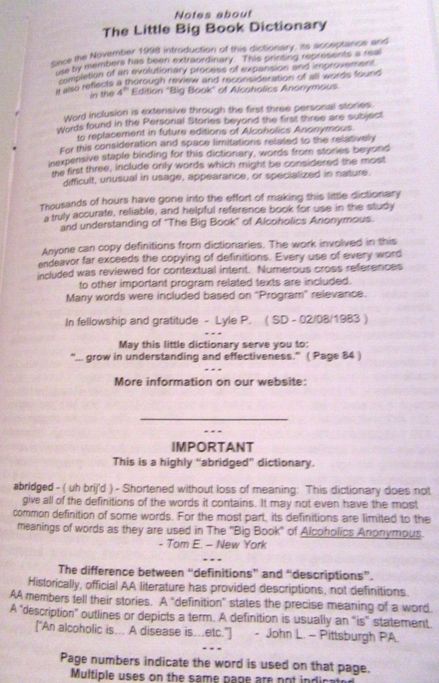 Alcoholics Anonymous AA The Little Big Book Dictionary and Concordance ...