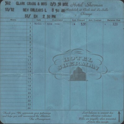 1943 HOTEL SHERMAN vintage guest receipt CHICAGO, ILLINOIS - $3.50 per ...