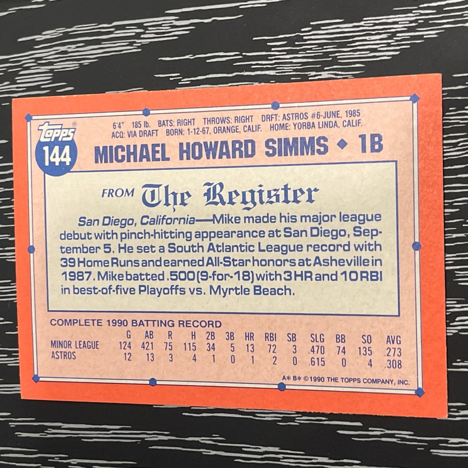 1991 Topps Major League Debut 1990 144 Mike Simms Astros Baseball Card ...
