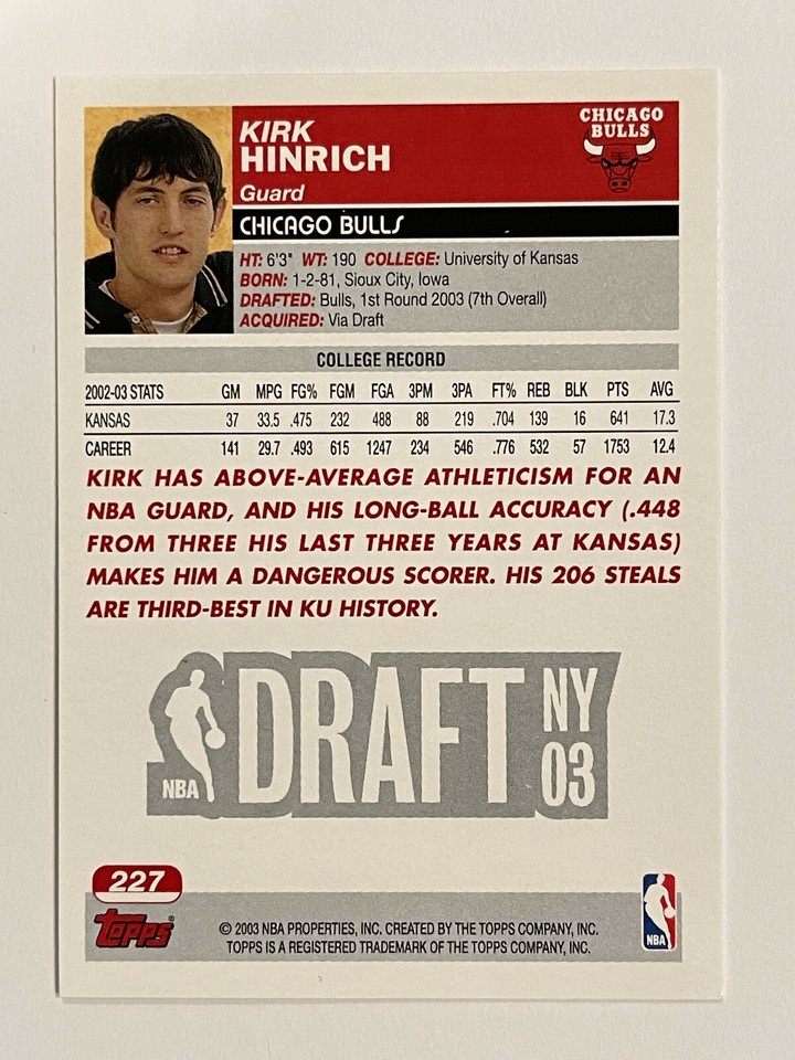 2003-04 Topps Draft Rookie #227 KIRK HINRICH Kansas Chicago Bulls RC | eBay