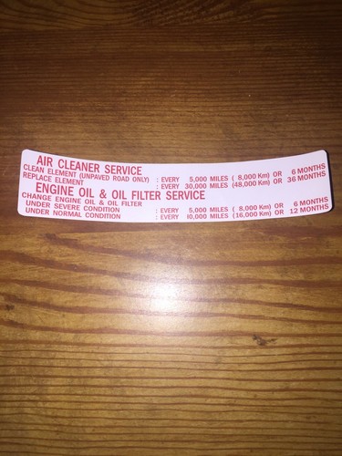 84-89 Toyota Pickup Truck 4runner Air Filter Engine Oil Service Decal ...