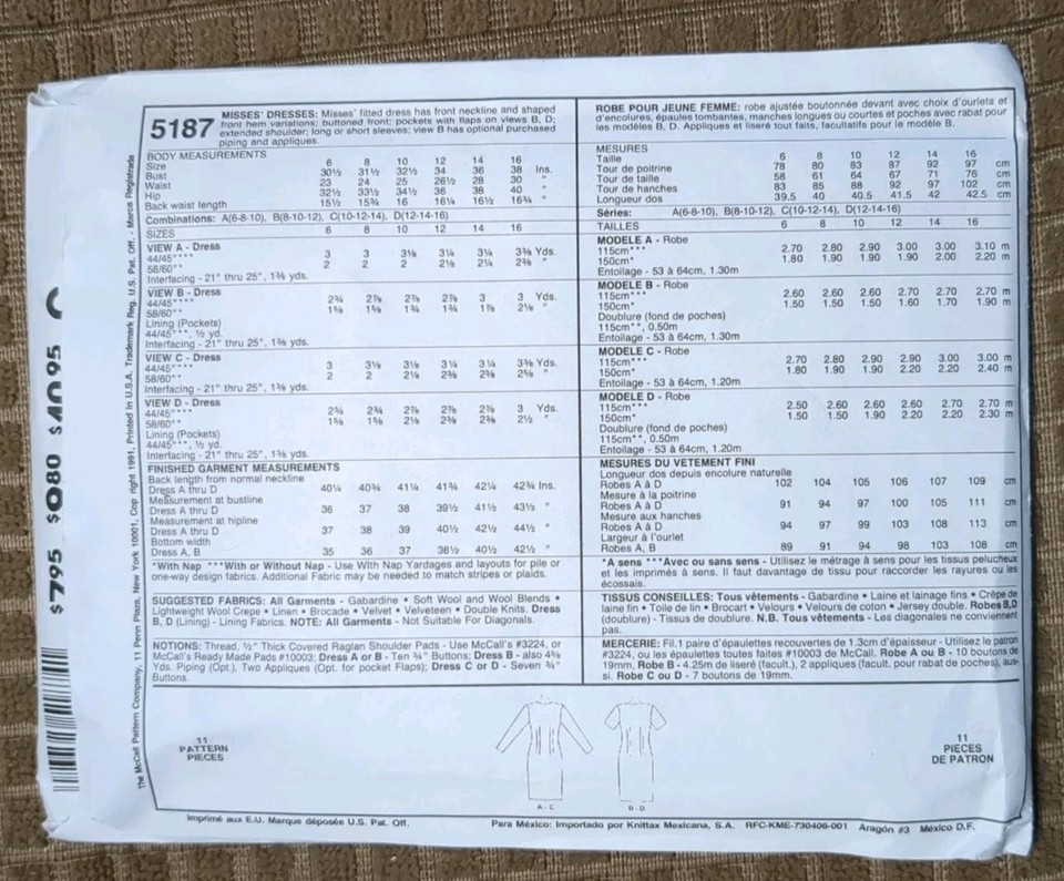 McCalls 5187 Misses Fitted Dress Fashion Basic Pattern 12-16 VTG 1991 ...