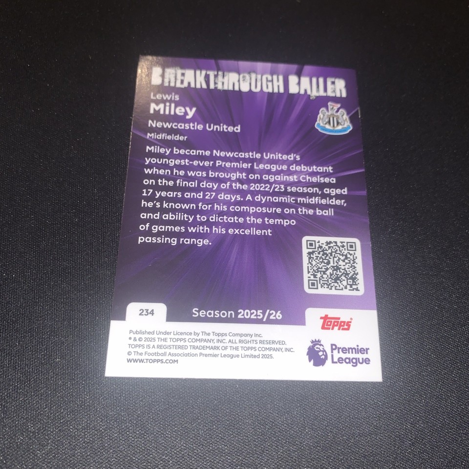 234 Lewis Miley Newcastle Breakthrough Baller Topps Premier League 2025 ...