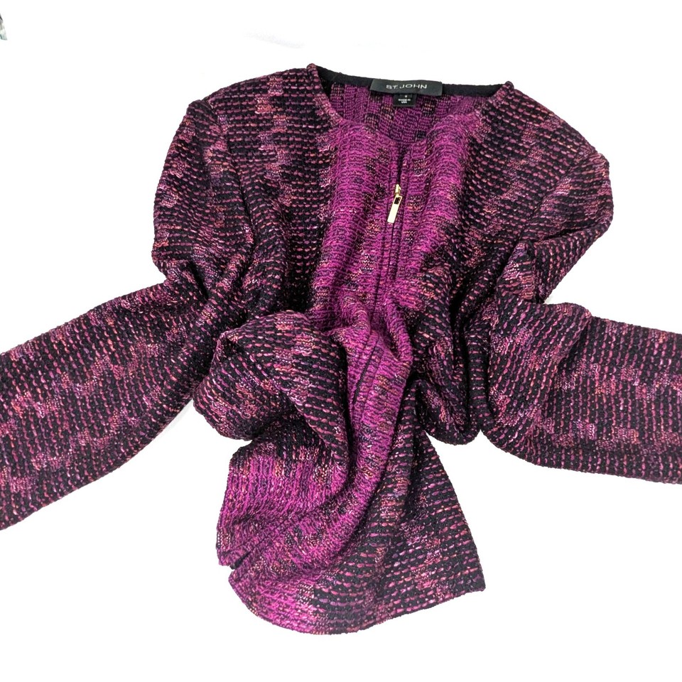 St. John Pink Tweed Boucle Zip Front Jacket SZ 0 Wool Rayon 2013 ...