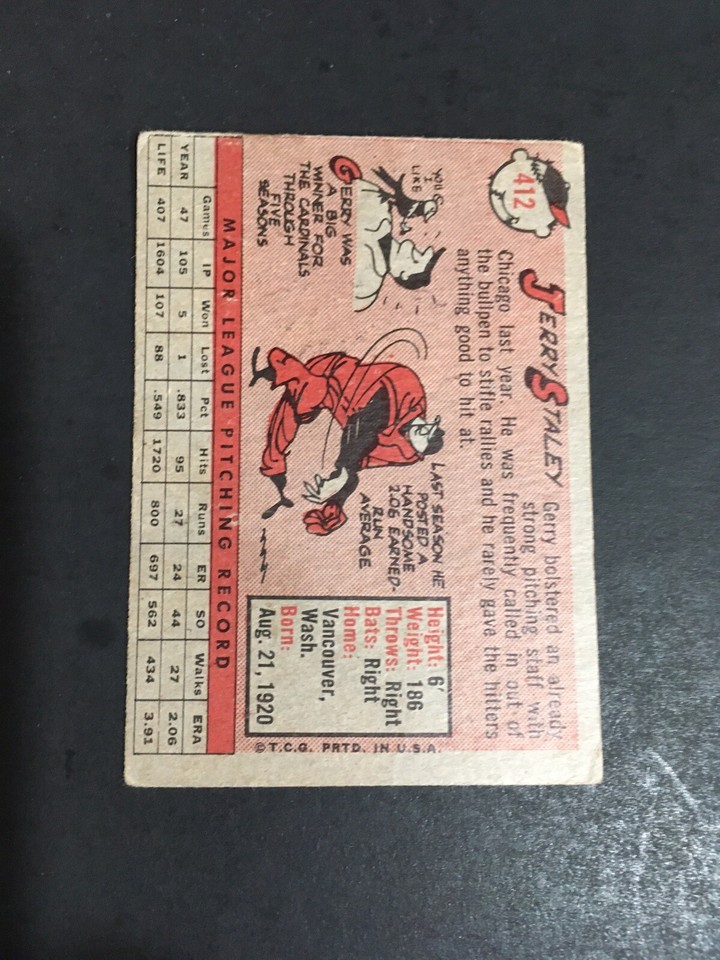 1958 TOPPS JERRY STALEY, #412, VG (Free Shipping On Any 3!) DOLLAR ...