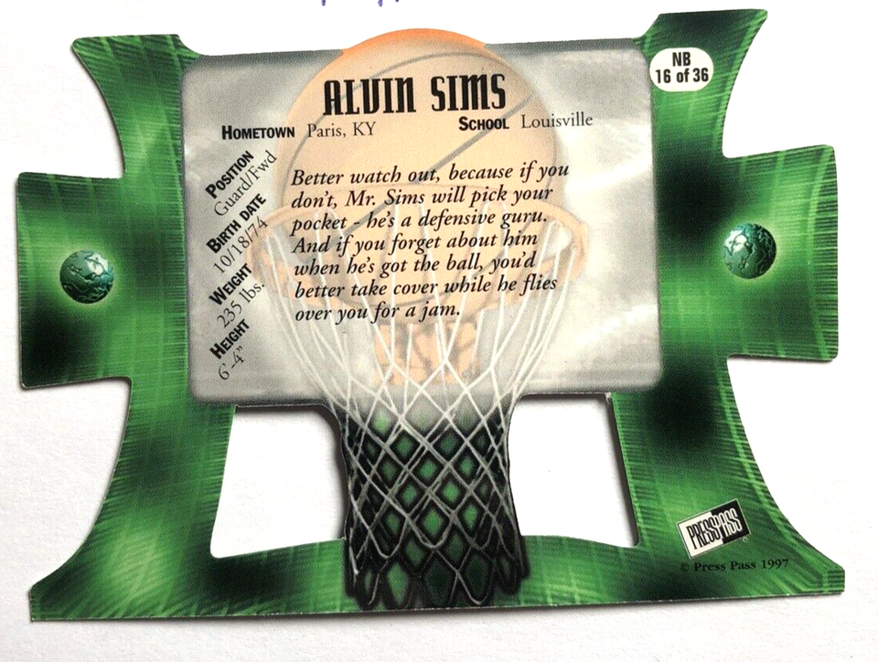 Alvin Sims NB16 1997 Press Pass Net Burners Basketball Card DIE CUT NM ...