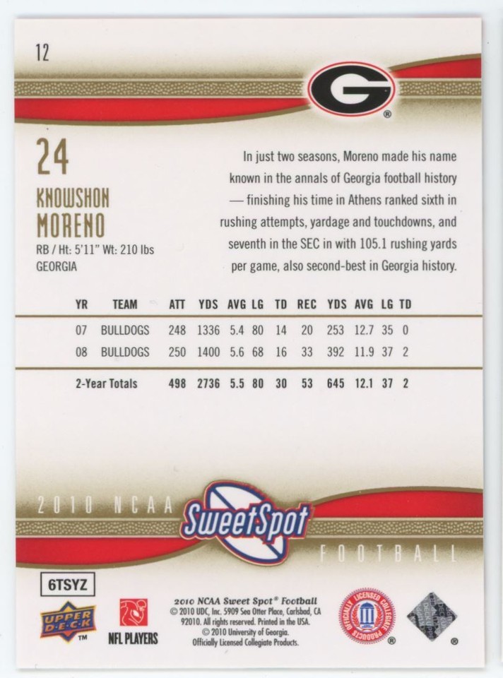2010 Upper Deck NCAA Sweet Spot Knowshon Moreno Georgia Bulldogs #12 | eBay