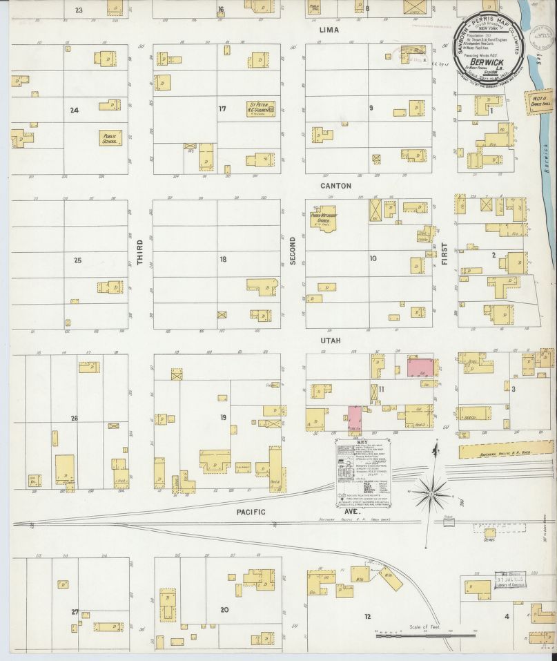 20" x 24" 1899 Map Of Berwick Saint Mary Parish Louisiana Sanborn Fire ...