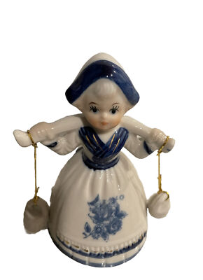 Vintage Blue White Dutch Girl Bell Figurine Carrying Water Buckets On ...