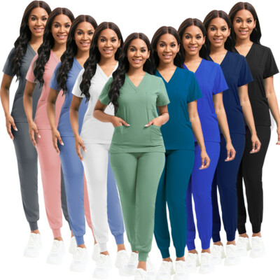 Stretch Medical Nurse Scrub Uniform Women Scrub Set V-Neck Top Jogger ...
