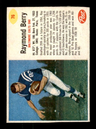 1962 Post Cereal #76 Raymond Berry EXMT/EXMT+ Colts 559215 | eBay