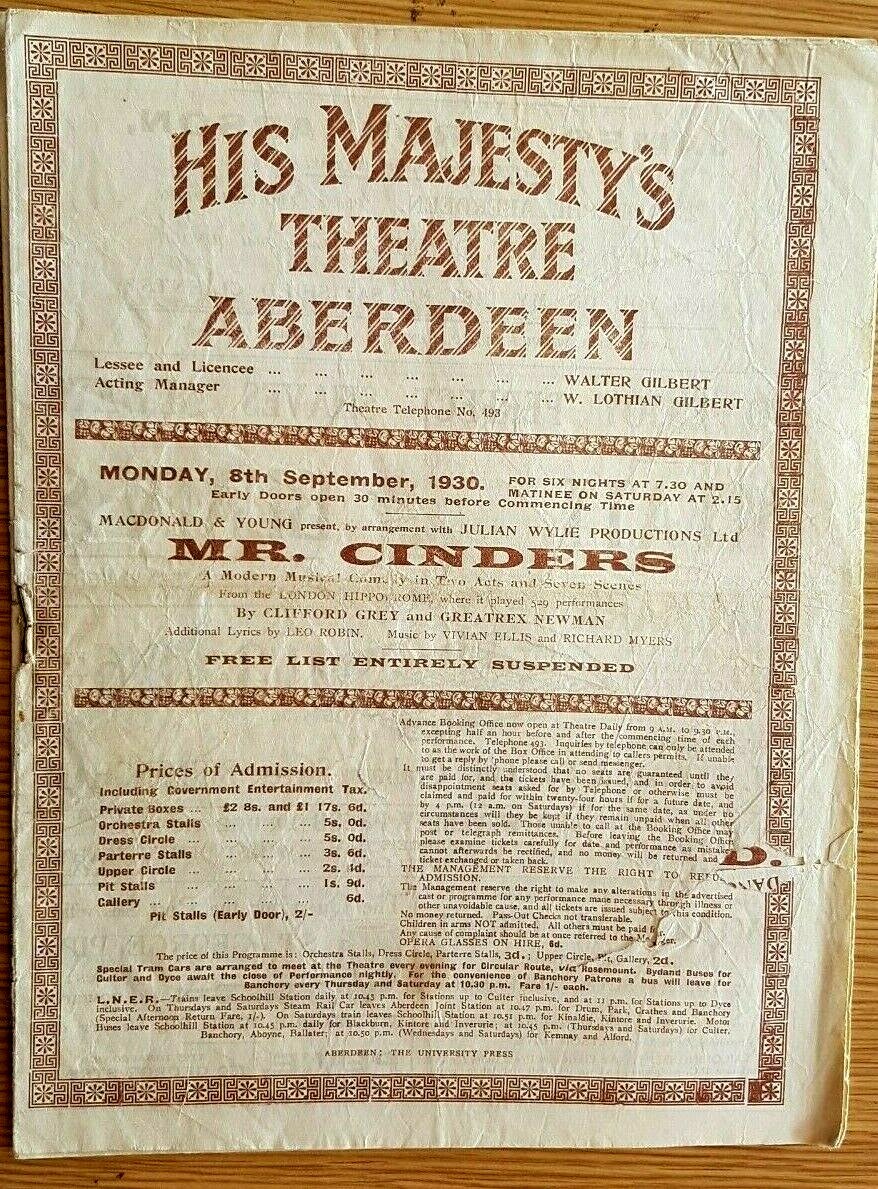 THEATRE PROGRAMME MR CINDERS LESLIE HATTON PHYLLIS HERYET FELIX HILL ...