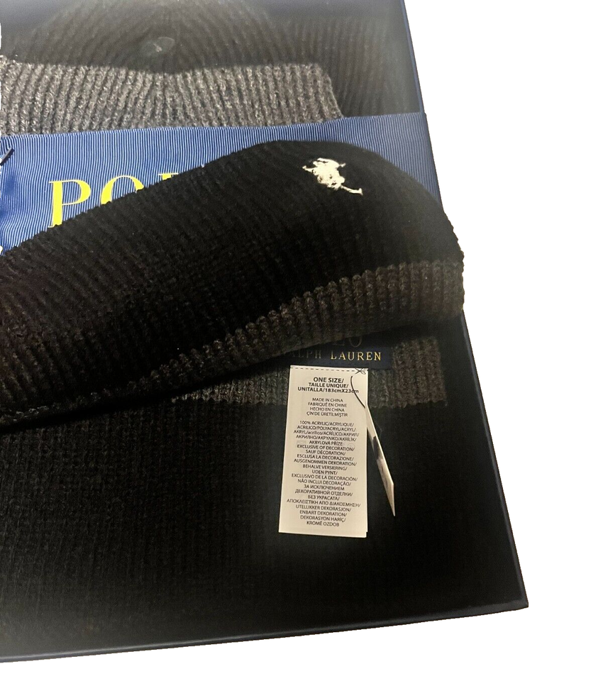 Polo Ralph Lauren 2 Pc Knit Hat & Scarf Gift Box Set Ribbed Black Grey ...
