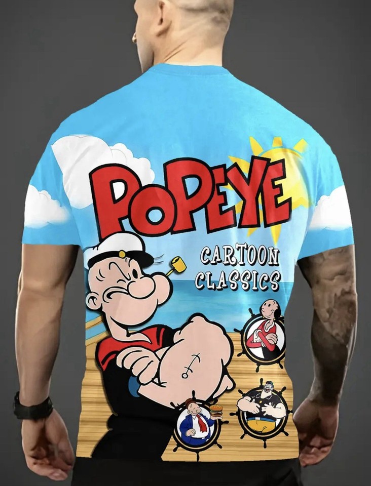 Men's Popeye Cartoon Classics T-Shirt - Blue Summer Tee - Large - Gay ...
