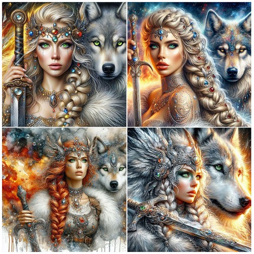 5D DIY Full Round Drill Diamond Painting Girl Wolf Kit Home Decor Art ...
