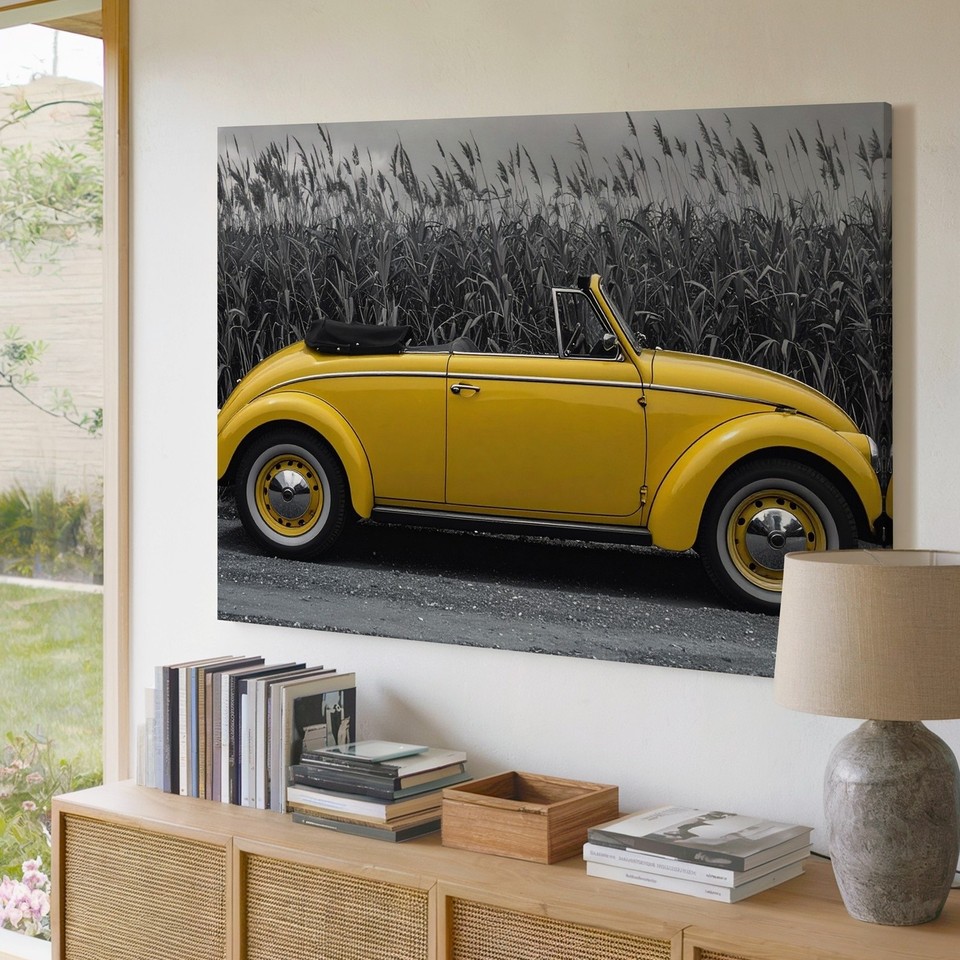 Yellow VW Beetle Canvas Selective Color Retro Convertible on Rural Road ...