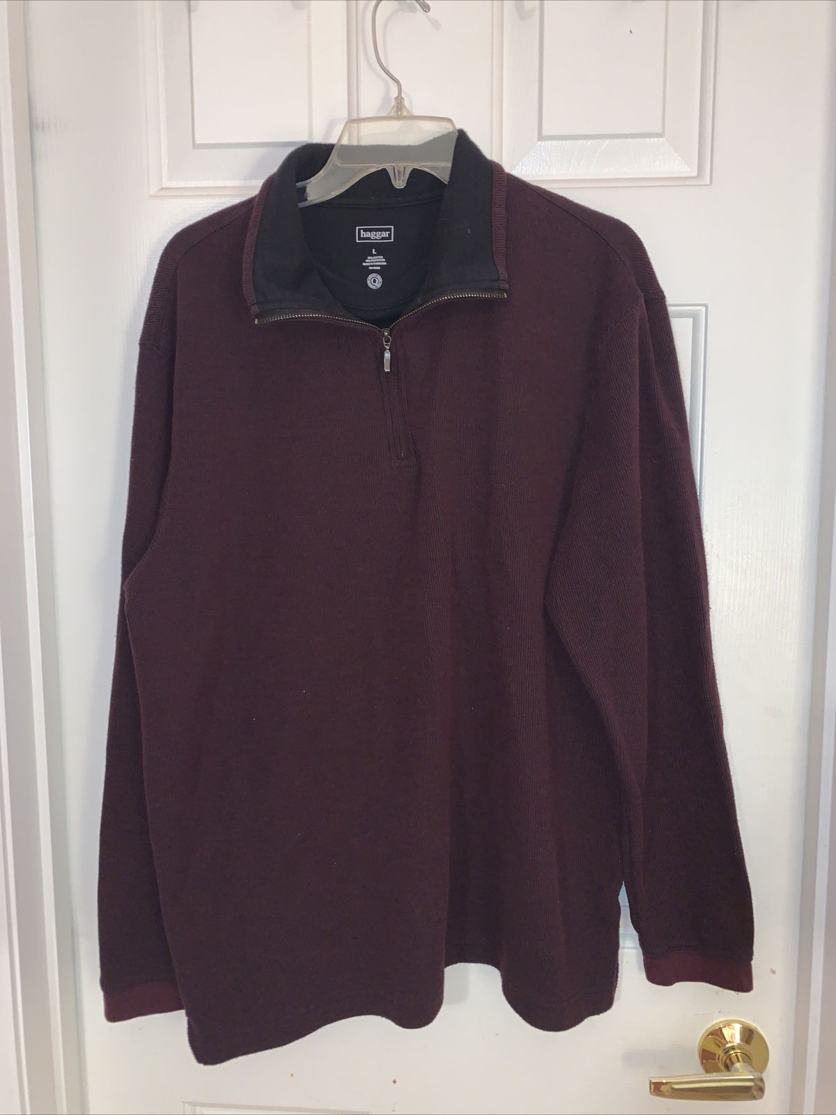 HAGGAR Sweater Mens L Pullover Long Sleeve 1/4 Zip Maroon Fleece Collar ...