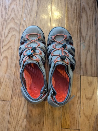 CLARKS Gray Tan Hiking Sandal Mesh Leather ankle strap womens 6.5 | eBay