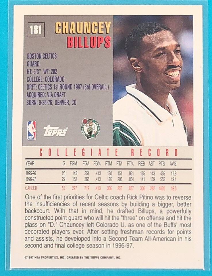 1997-98 Topps RC #181 Chauncey Billups Boston Celtics BASKETBALL Card ...