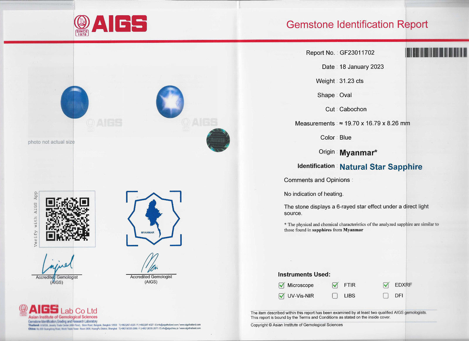 AIGS Certified Natural Star Sapphire 31.23 cts Blue Color from Myanmar | eBay