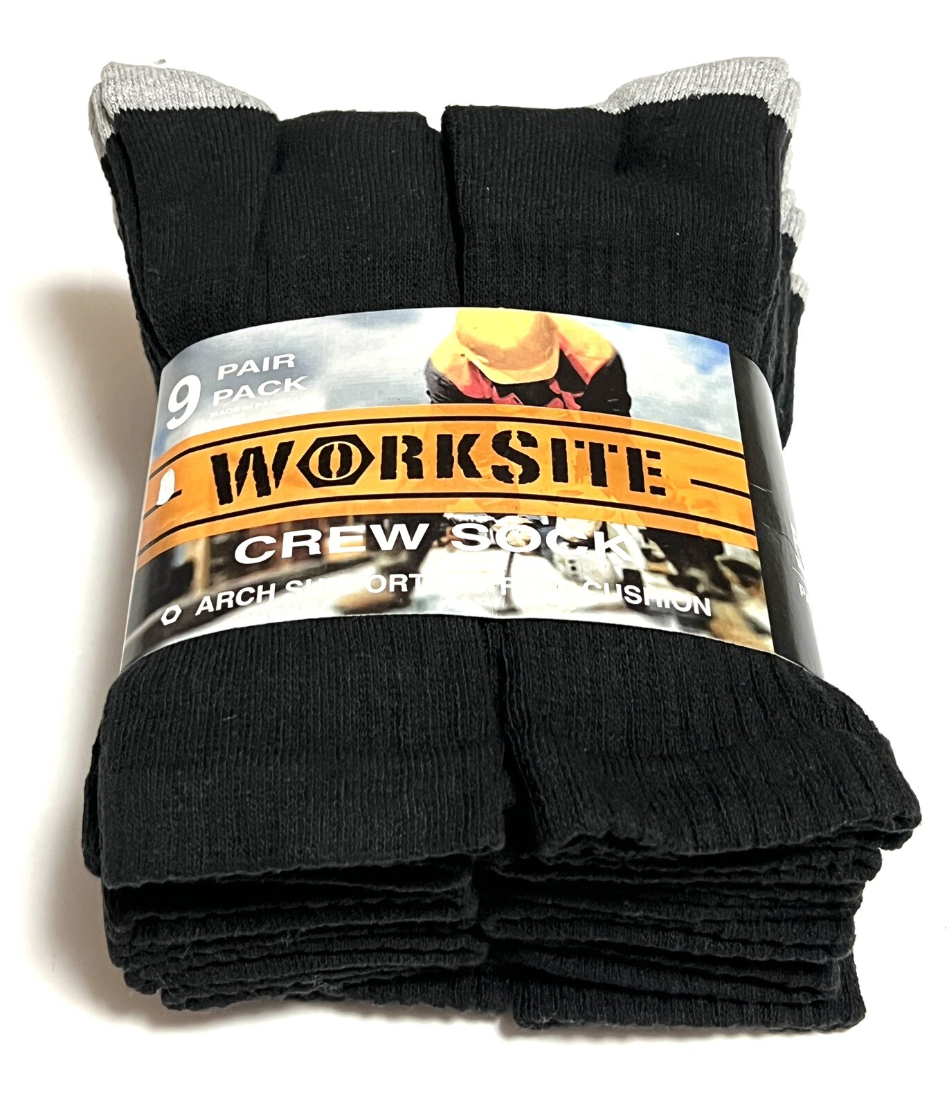 Worksite Men's Work Crew Socks 9 Pack Arch Support Full Cushion Shoe ...