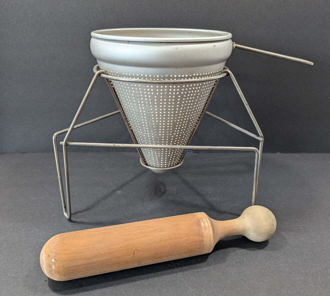 Kitchen Aluminum Cone Strainer Masher Sieve with Stand Wood Plunger ...