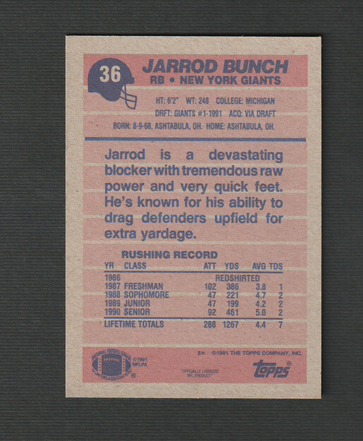 1991 Topps Football Card Jarrod Bunch Rookie #36 New York Giants | eBay