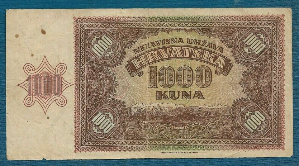 1000 Kuna 1941. Croatian banknoten NDH Ustasa WWII Germany Italy ...