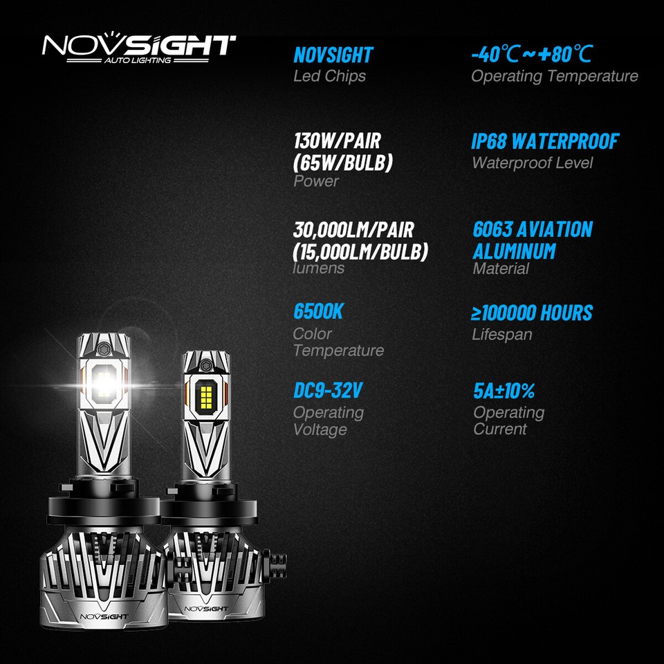 NOVSIGHT H11 LED Headlight Bulbs 130W 30000LM High Low Beam 6500K Super ...