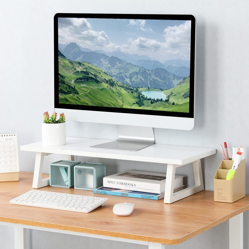 24 inch Monitor Stand Riser, White Wood & Steel Computer Monitor Stand ...