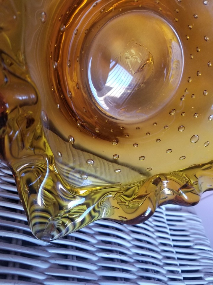 Vintage Bischoff Amber Hand Blown Bubble Glass Ashtray Mid Century ...